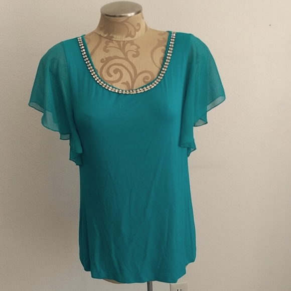 Belldini | Tops | Turquoise Top With Sheer Flowing Sleeves | Poshmark